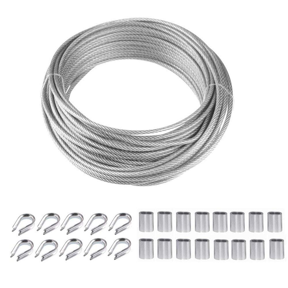 50FT 1/8" PVC Coated Stainless Steel Wire Rope Cable Hardware Kits ...